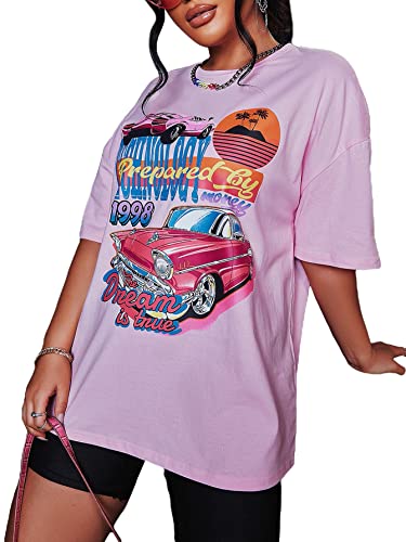 SHENHE Women's Graphic Tee Oversized Letter Drop Shoulder T Shirts Top Light Pink M