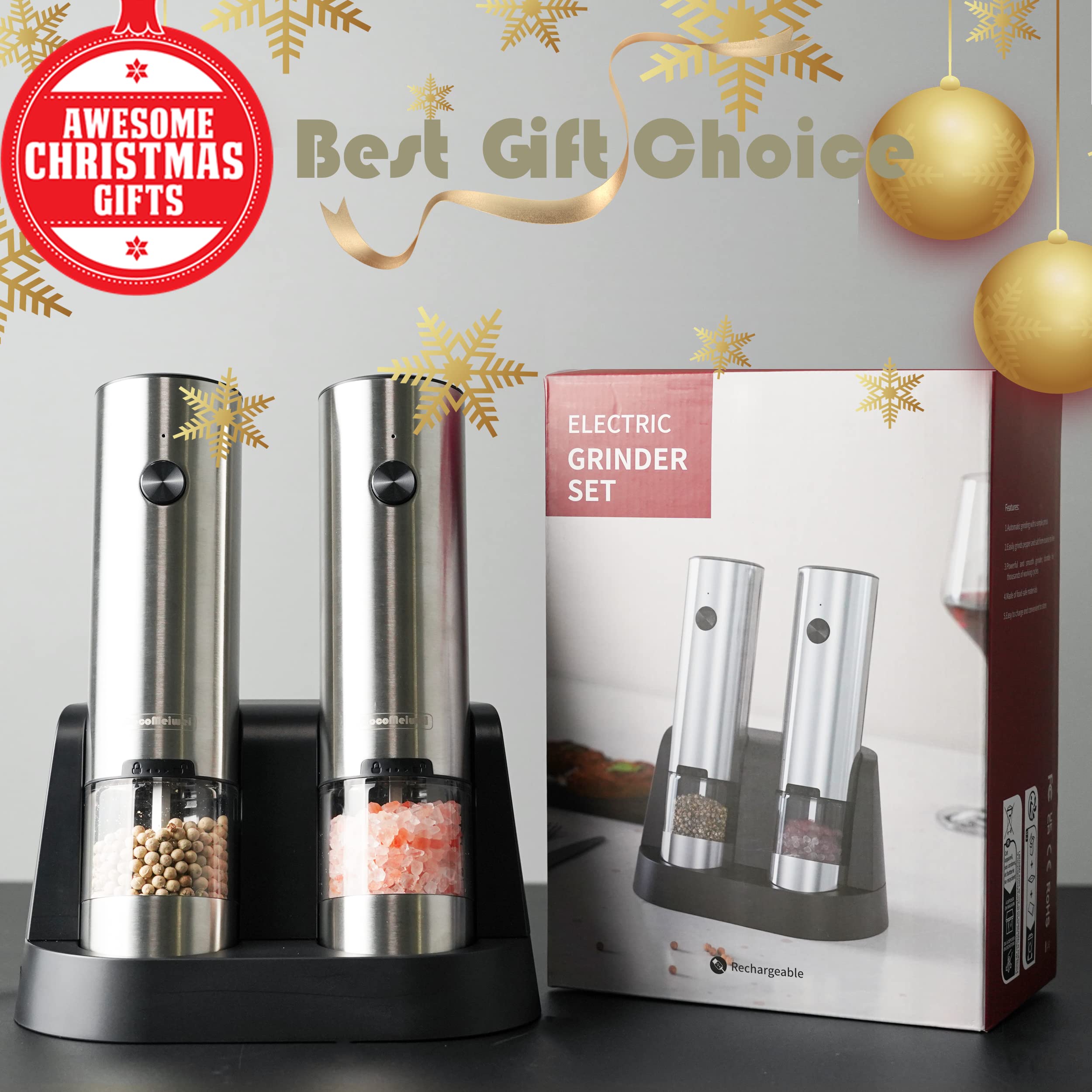 CocoMeiwei Salt and Pepper Grinder Set, Electric Pepper Grinder 2 Pack USB Rechargeable,Stainless Steel Push-button Pepper Mill, Adjustable Coarseness, One Hand Automatic Salt and Pepper Grinder