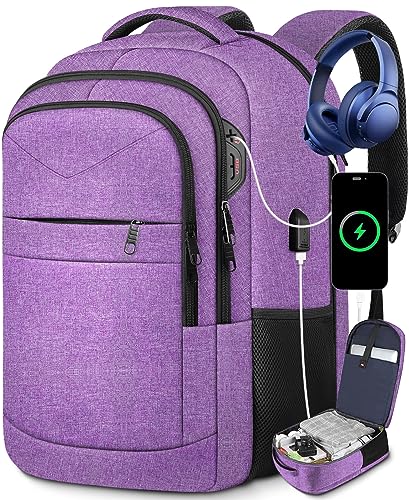 Lapsouno Extra Large Travel Backpack, Travel Laptop Backpack, Multiple Pockets 17.3 Inch Carry on Backpack with USB Port, TSA Friendly Water Resistant Business Travel Bag for Women, Purple