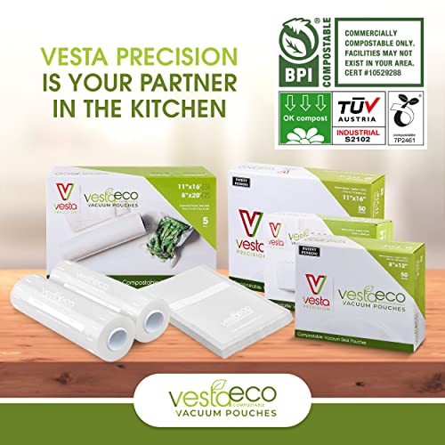 VestaEco Commercially Compostable Vacuum Seal Rolls | Embossed | 8 Inches x 20 Feet (2 Vacuum Seal Rolls) | 11 Inches x 16 Feet (3 Vacuum Sealer Rolls)