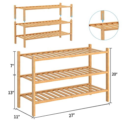 RONGJIA 3-Tier Natural Bamboo Shoe Rack - Stackable Storage Shelf with Multi-Function Combinations - Free Standing Shoe Racks for Convenient Shoe Organization(Natural) 11" D x 27" W x 20" H