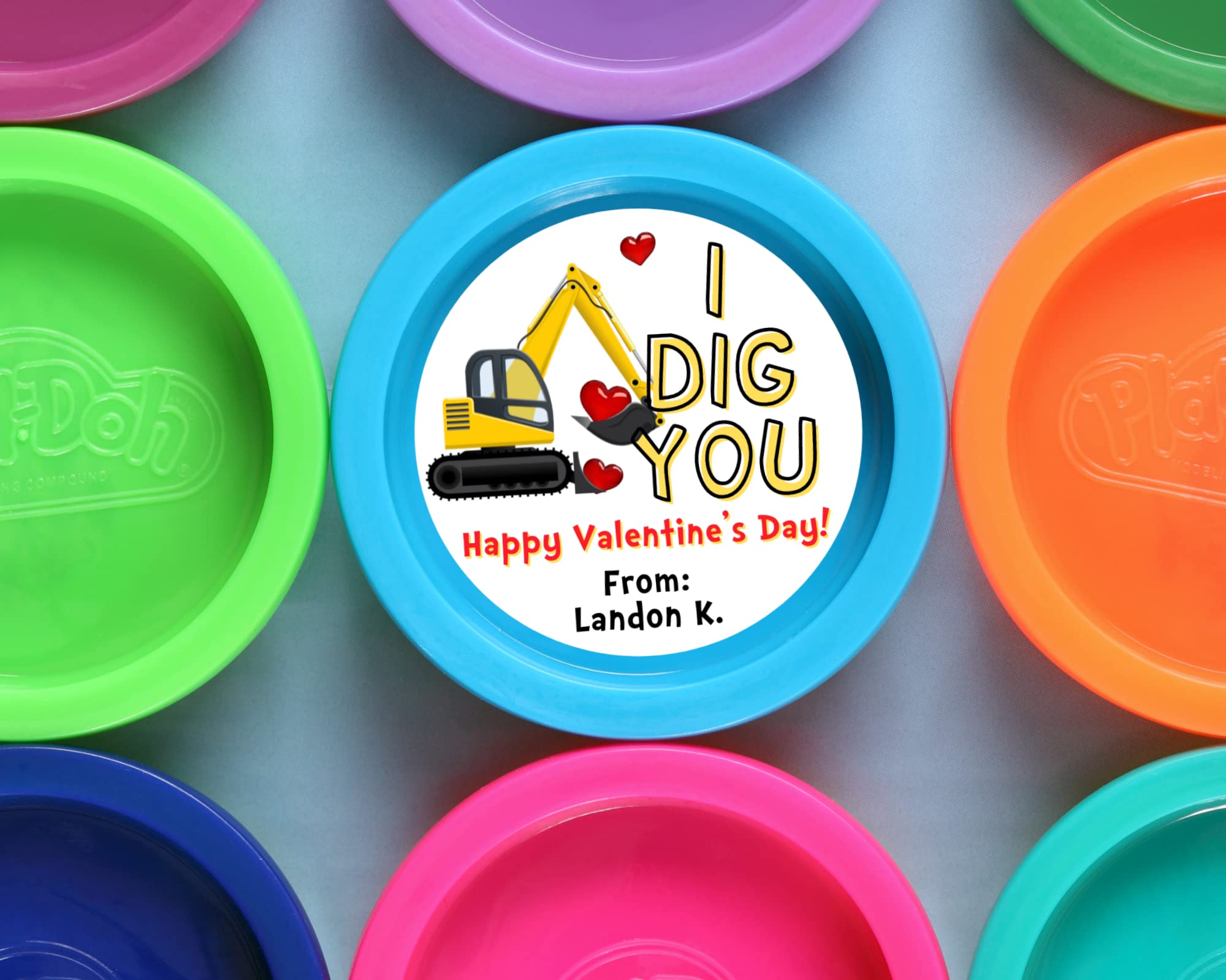 Personalized Construction Digger Valentine's Day Stickers for Kids 20-Count, 2 inch, Custom Classroom Valentines Favor for Boys, Happy Valentine's Day Labels