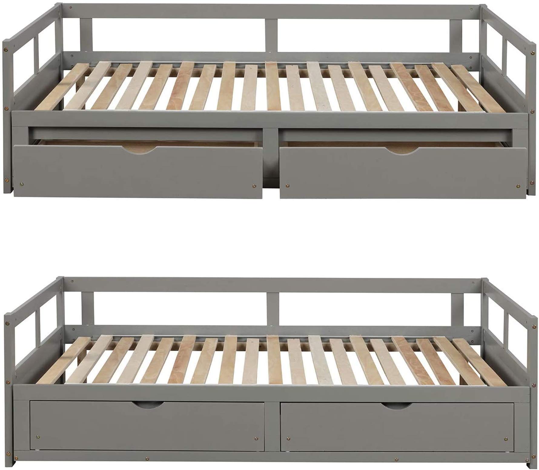 MERITLINE Daybed Frame with Two Storage Drawers, Twin to King Daybed Extendable Design,Wooden Sofa Bed for Bedroom Living Room,Grey