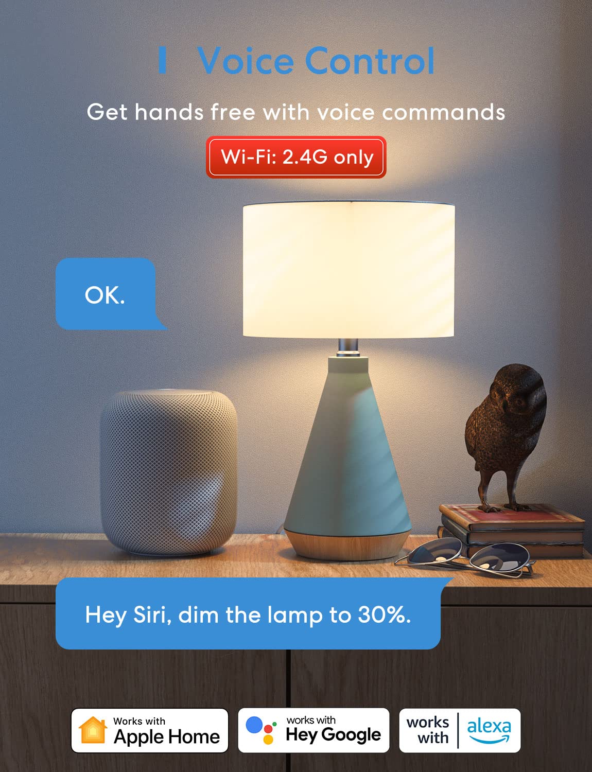 meross Smart Light Bulb, Dimmable WiFi LED Bulb Compatible with Apple HomeKit, Siri, Alexa, Google Home, SmartThings, A19 E26 Warm White 2700K, 810 Lumens 9W 60W Equivalent, No Hub Required, 4 Pack
