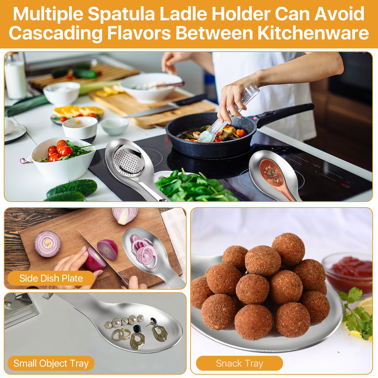Lainballow 6 Pcs Stainless Steel Spoon Rest, Spatula Ladle Holder, Metal Utensil Rest, Silver Spatula Rest for Kitchen Countertop, Stove Top (Dishwasher Safe)