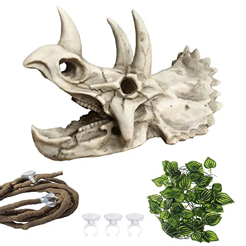 MUYG Bearded Dragon Resin Triceratops Skull Hide Decoration Reptiles Artificial Hideout Cave Landscape Tank Accessories Vines Leaves Hideaway Ornaments for Lizards Snake Gecko