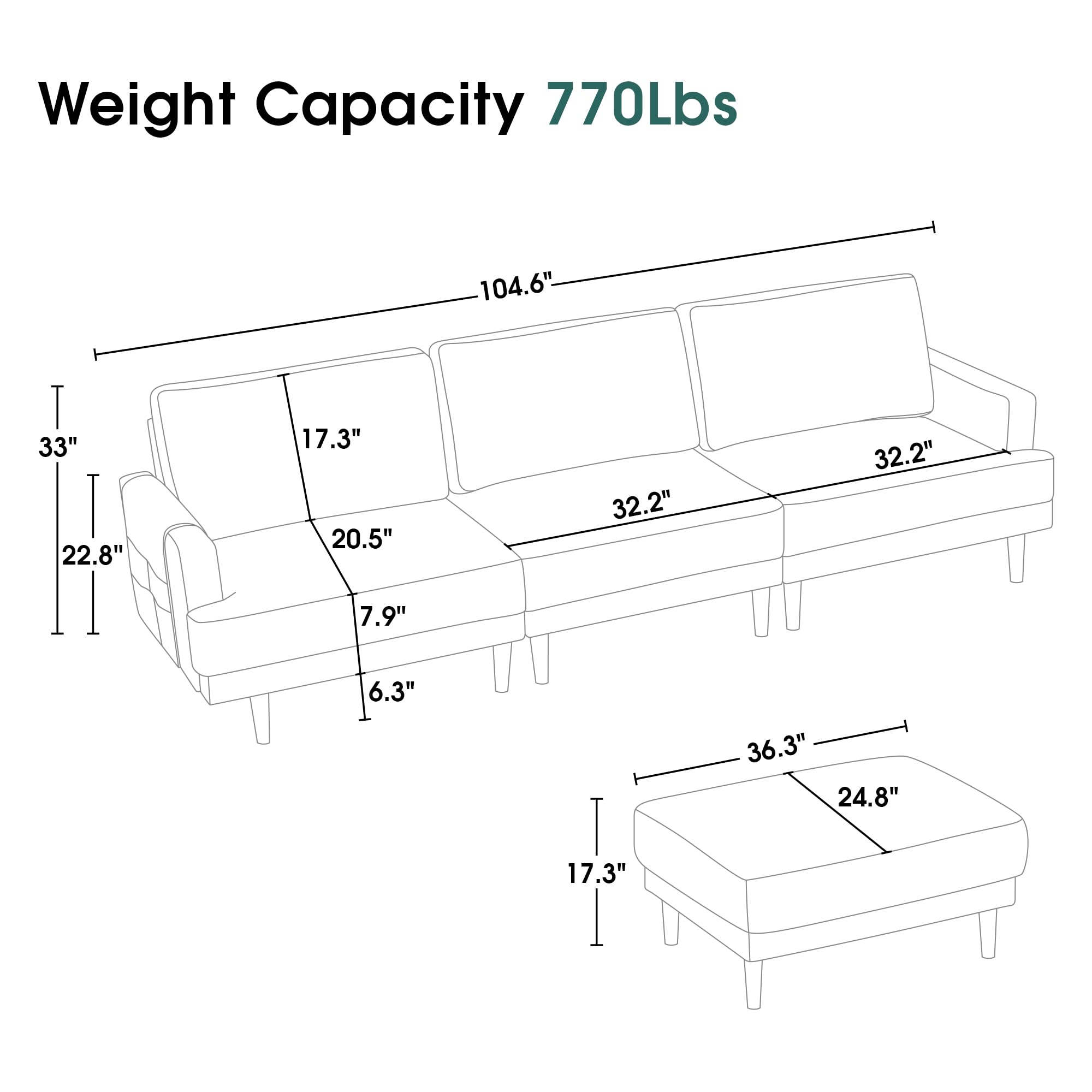 MCombo Sectional Couch Sofa L Shaped Couch for Living Room 3-Seat Dark Grey Sofa for Bedroom Modern Couch Set of 4 for Small Space Apartment Velvet Couch with Ottoman