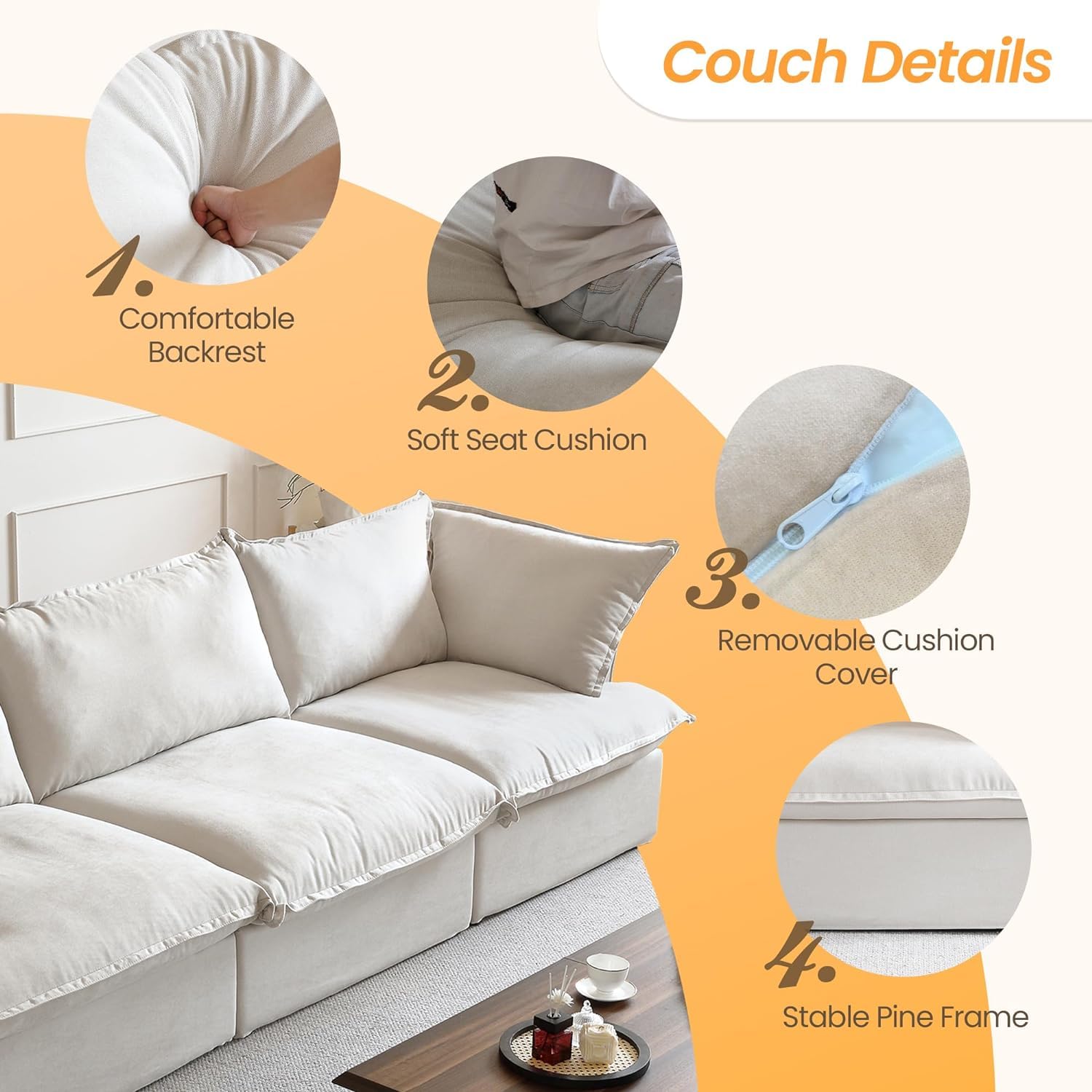JACH 82"" Sectional Love Seat Couches, Modular Sectional Couch with Chaise Ottoman, Cushion Covers Removable, Modern Comfy Sectional Sofas for Living Room (Beige), 120BE-2+1