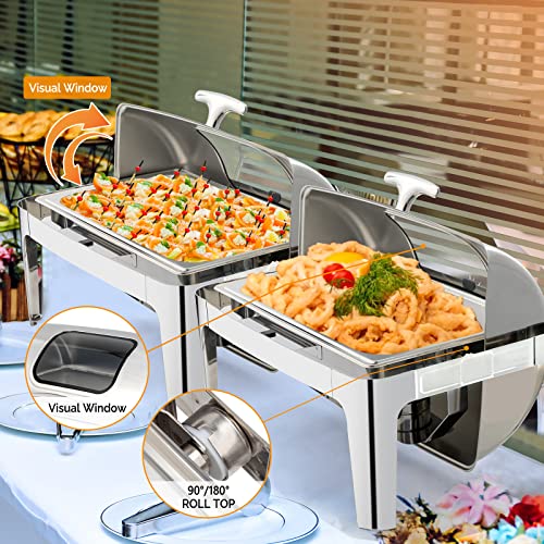 ROVSUN 9 QT Stainless Steel Chafing Dish Buffet Set with Electric & Fuel Heating,Roll Top Catering Chafer Server with Full Size & 2 Detachable Food Pans, Glass Lid for Party Wedding Banquet