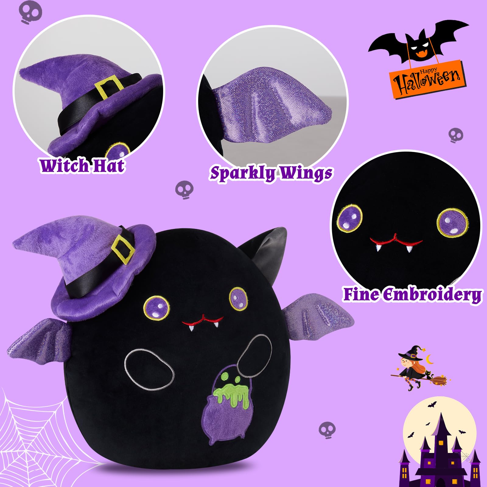 HappySpot Halloween Bat Plush,Black Bat Stuffed Animals with Purple Wizard Hat Witch Cauldron,Cute Halloween Bat Plush Toy,11.8'' Soft Halloween Bat Plushie Pillow Halloween Decoration Gifts for Kids