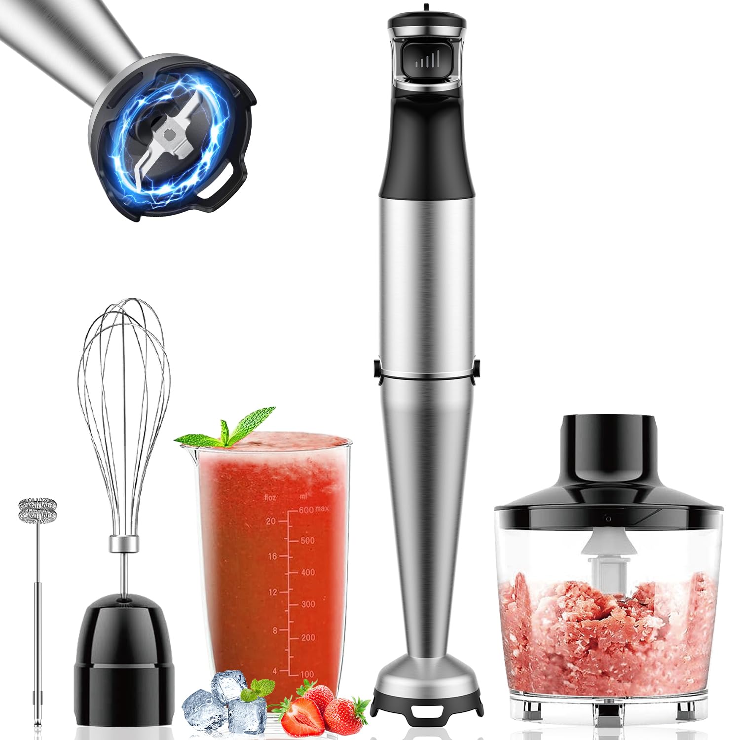 Immersion Blender Handheld Corded Hand Blender 1100W, Emulsion Blender Handheld with Chopper, Whisk and Frother, Hand Blender for Soup