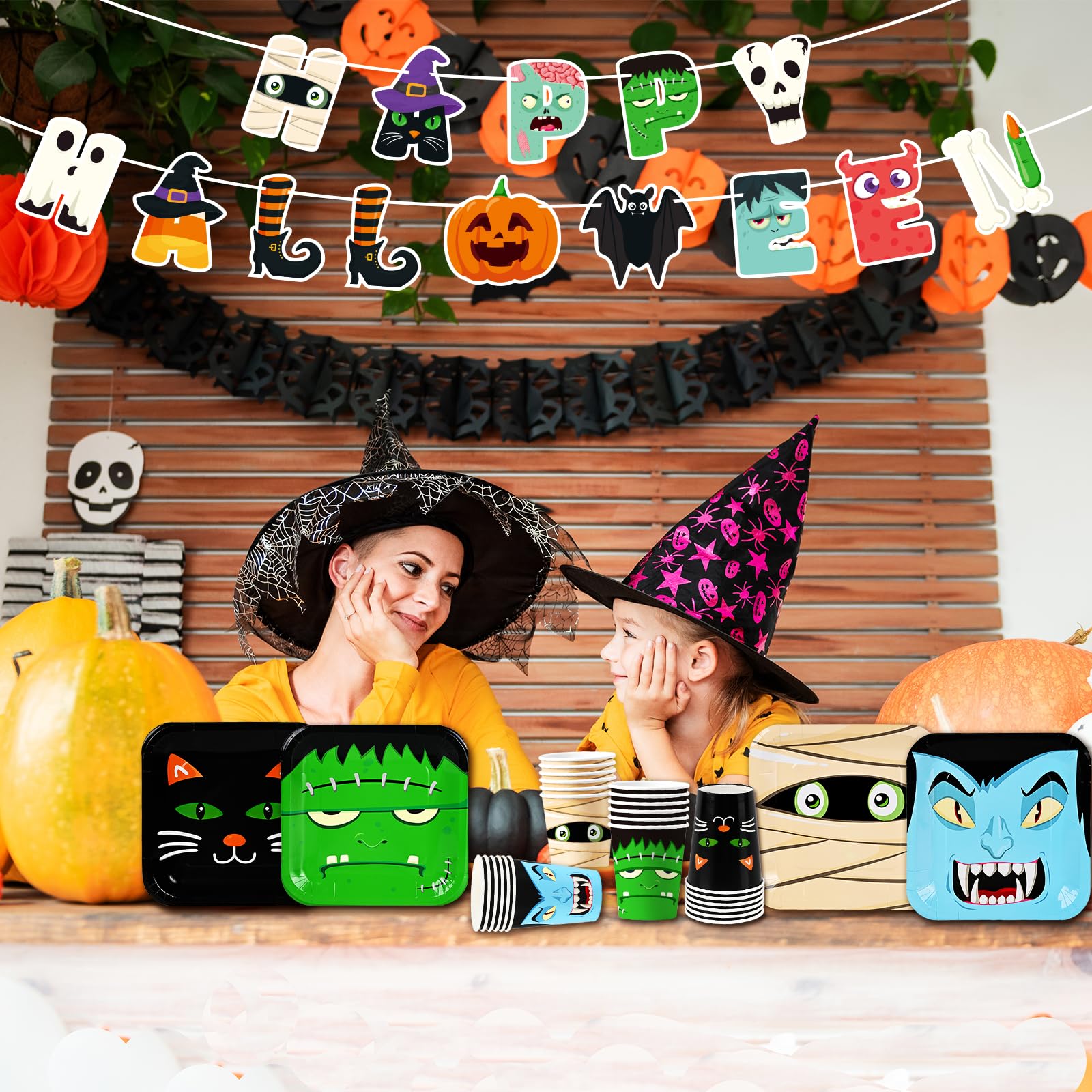 Halloween Party Supplies Kit for 24 Guests - Halloween Design with Disposable Dinner & Dessert Plates, Napkins, Cups, Tablecloth, and Banner -for Halloween Birthday Party Decorations