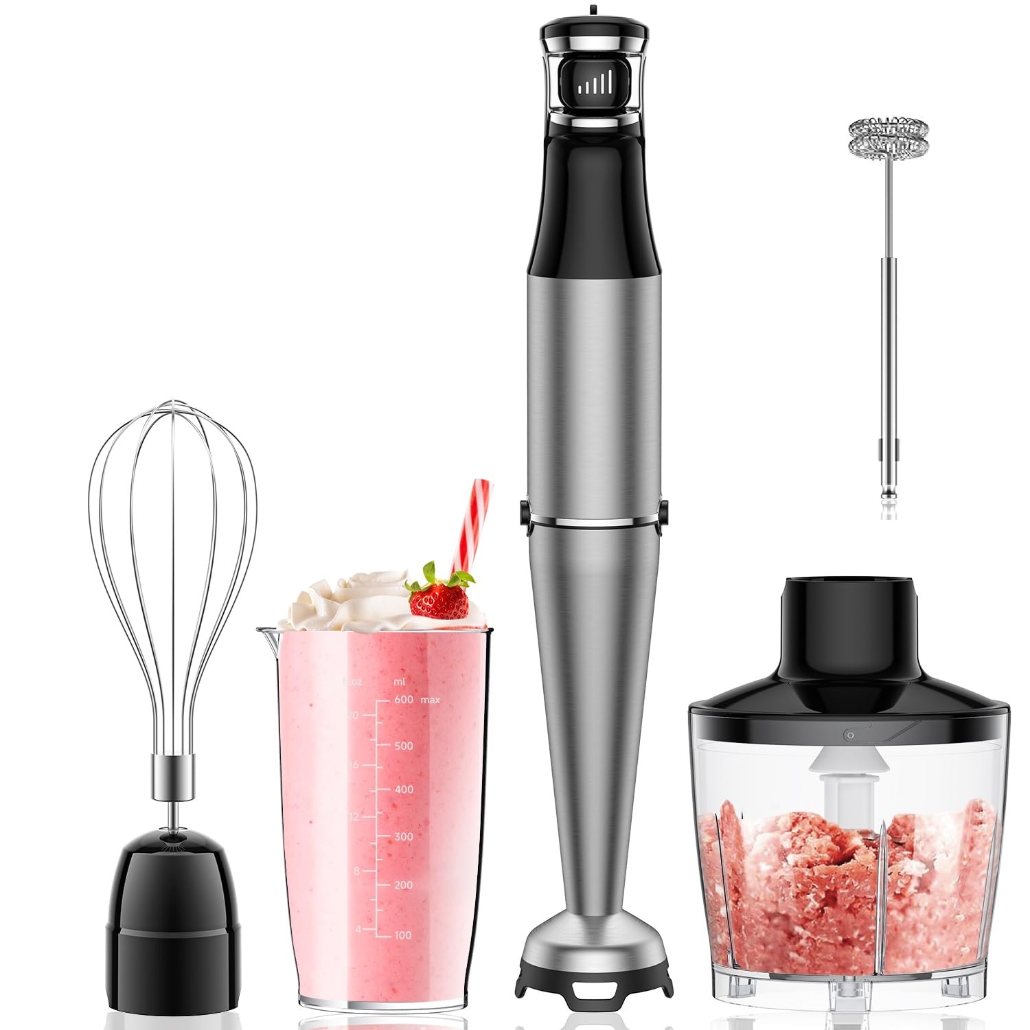 Immersion Hand Blender 5-in-1 1000W Stick Blender Infinitely Variable Speed, Stainless Steel Emulsifier, Detachable with 500ml Chopper, 600ml Breaker, Whisk, Milk Frother for Soup, Smoothie Puree