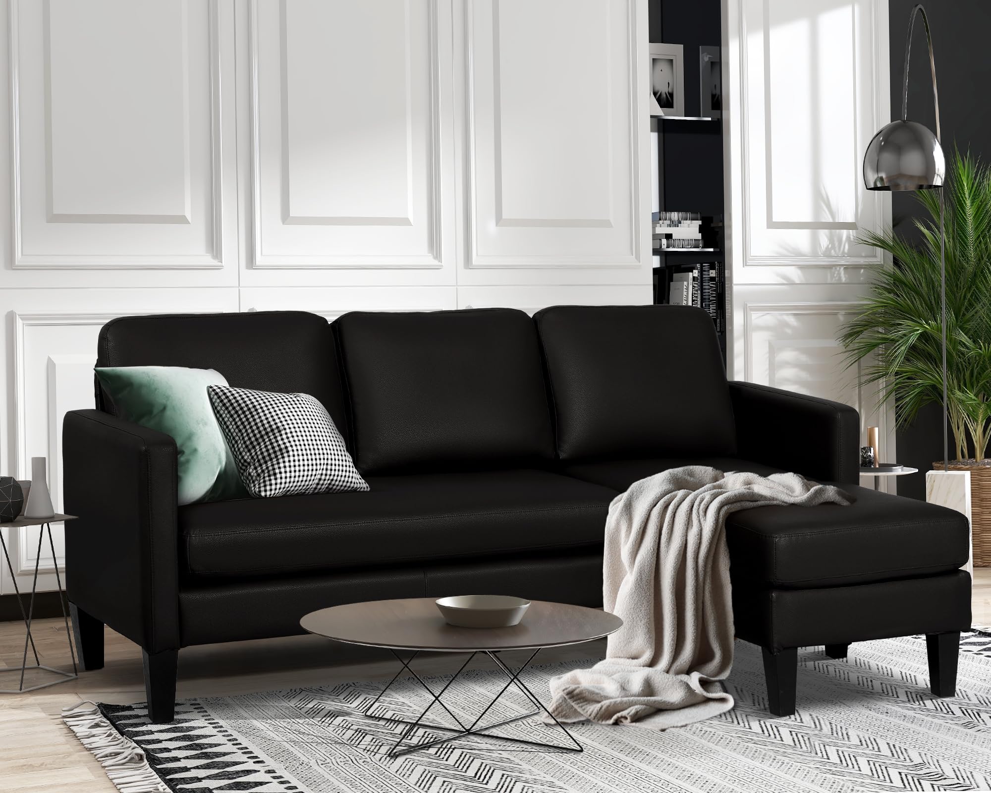 MAGIC UNION PU Leather Convertible Sectional Couch Sofa, Grey L-Shape Sectional Sofa with Chaise Reversible, 3-Seat Modern Linen Fabric Small Couches for Living Room (Black)