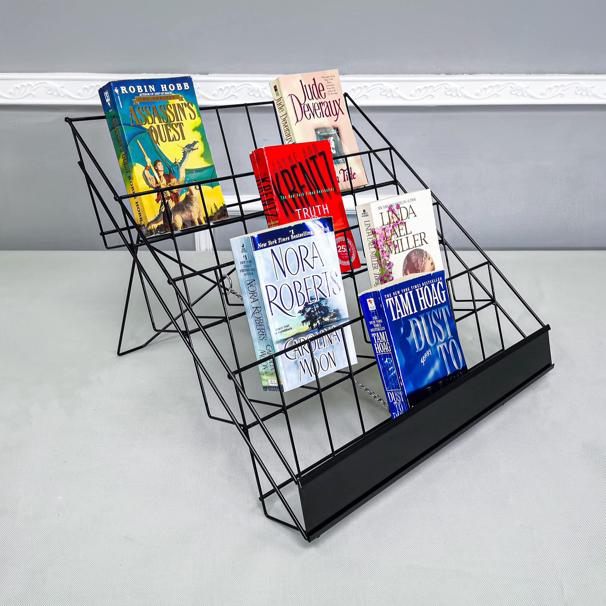 FixtureDisplaysÂŽ 4-Tiered Book Signing Rack, CD Display, 18" Wire Rack for Tabletop Use, 2.5" Open Shelves, with Header - Black 119362-FBA