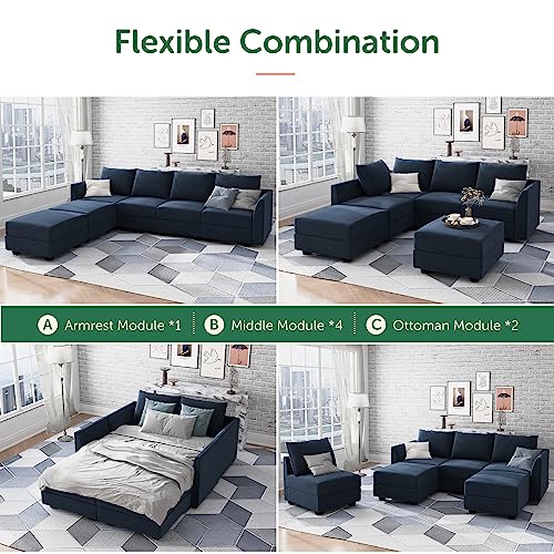 HONBAY Modular Sectional Sofa Convertible U Shaped Couch with Reversible Chaise Velvet Modular Sofa Sectional Couch with Storage Ottoman, Dark Blue