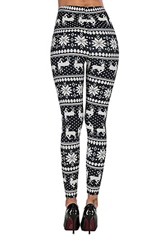 Uaderize Womens Ultra Soft Brushed Christmas Leggings Pants Reindeer Black and White L