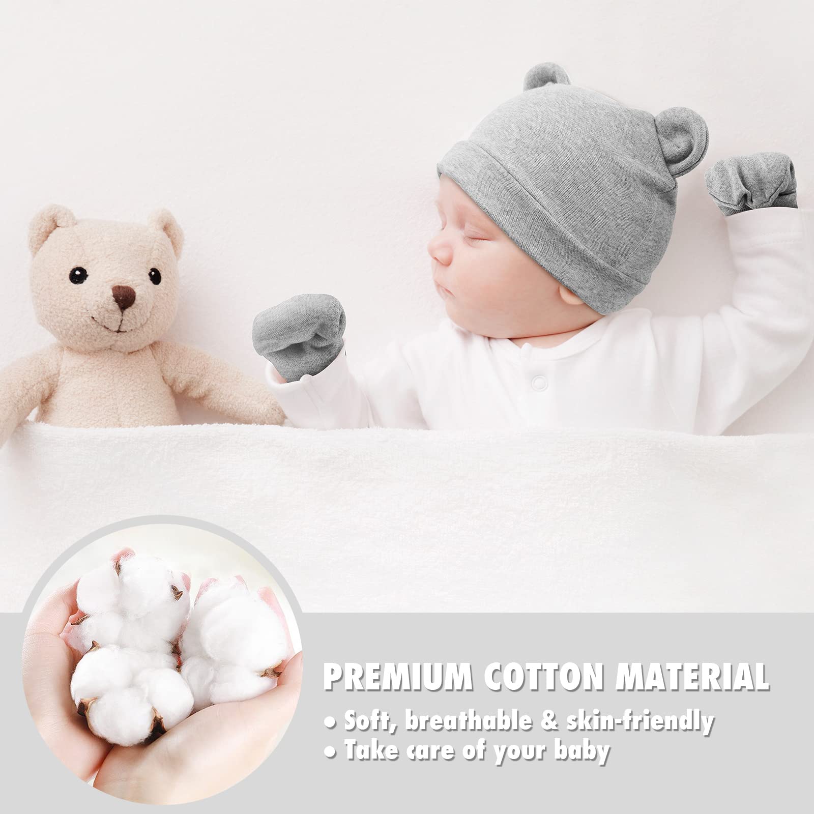 URATOT 6 Sets Newborn Baby Hats Mittens Sets Unisex Cotton Bear Ears Infant Caps Beanie Hat No Scratch Mittens for 0-3 Months