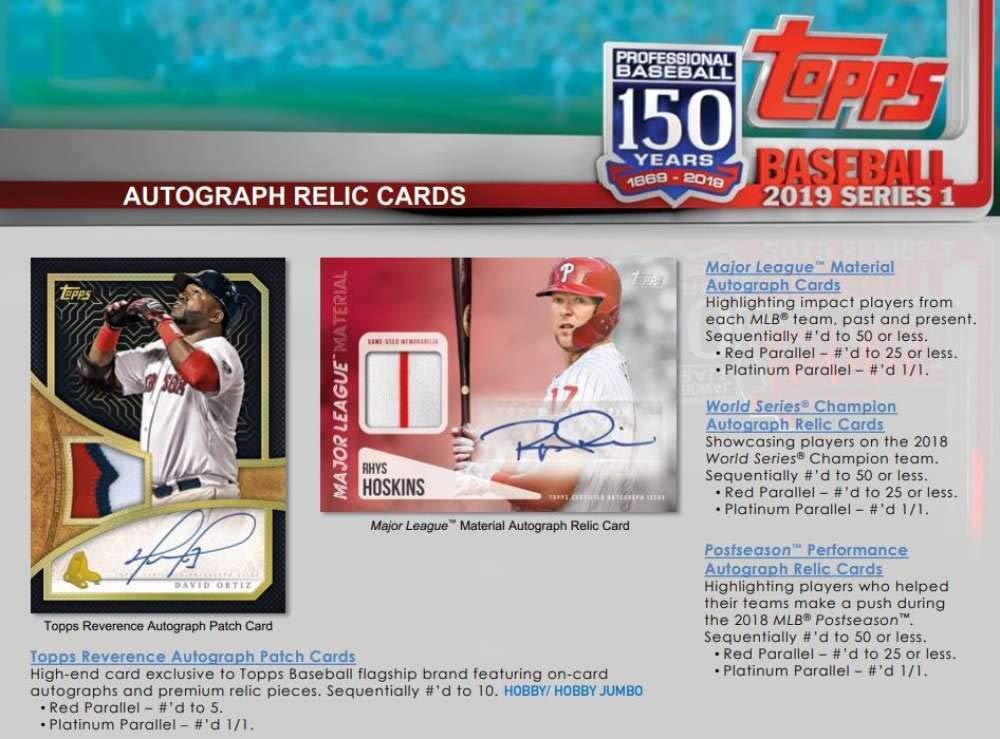 Topps 2019 Baseball Series 1 Trading Cards Relic Value Box (Retail Edition)