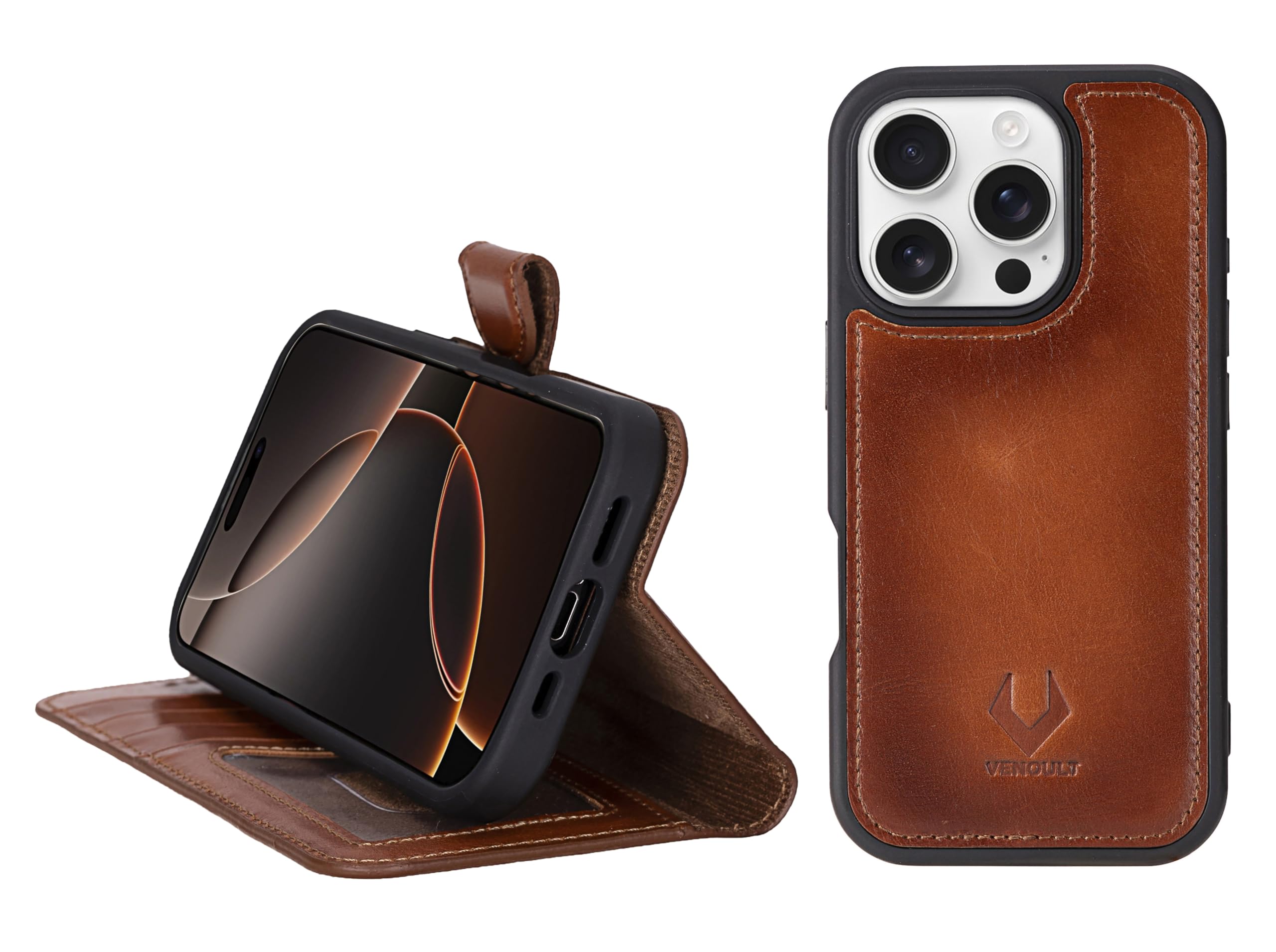 VENOULT Wallet Case for iPhone 16 Pro MAX 6.9" / 16 Pro 6.3" / 15 Pro MAX /14/13 Pro and All Previous Series, [Compatible with MagSafe], Man or Women, 4 Card Holder, Full Grain Genuine Leather, RFID