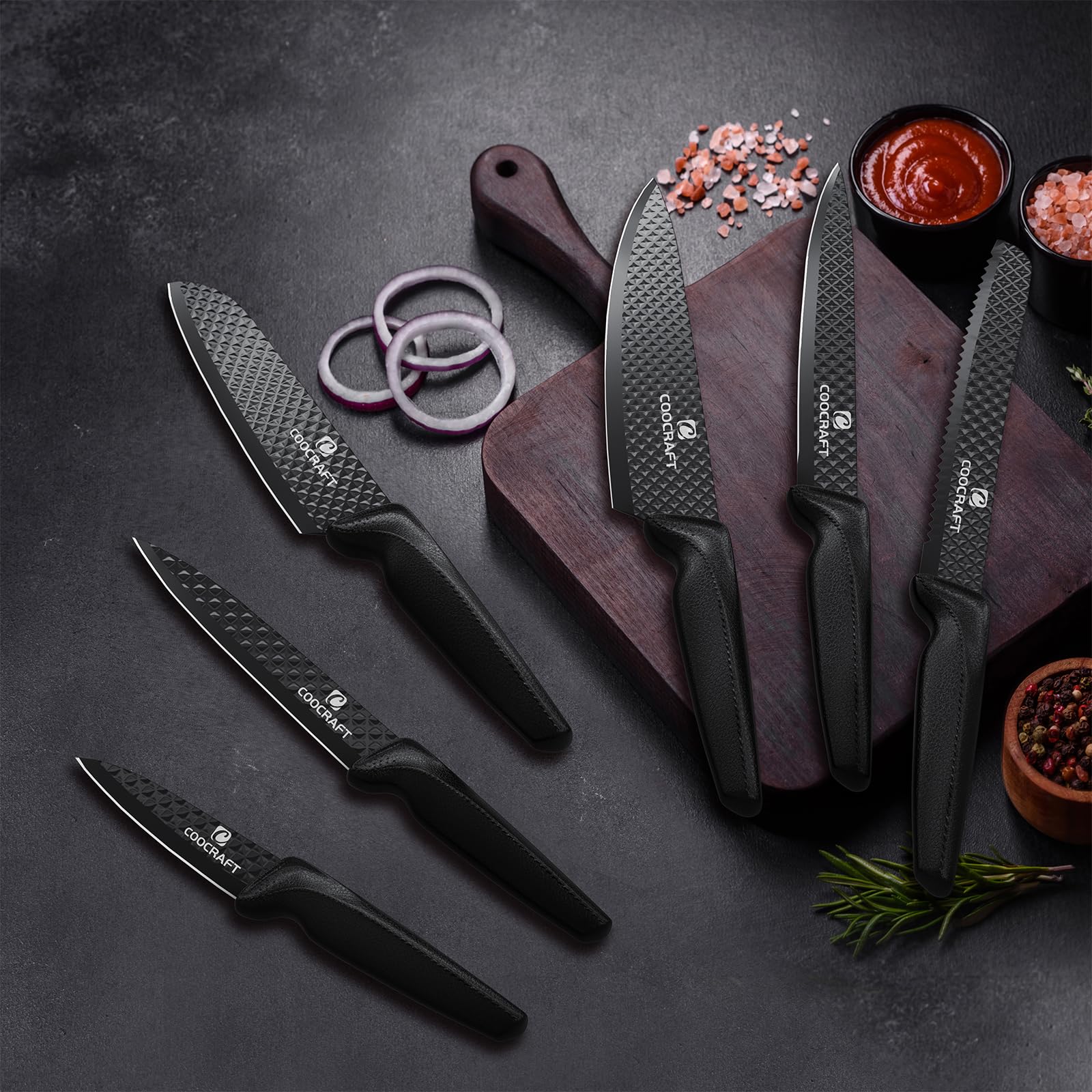 COOCRAFT 6PC Kitchen Knife Set, German Stainless Steel, Kitchen Knife Chef Knife for Cutting, Peeling, Slicing Fruit, Vegetables, Bread and Meat Etc.