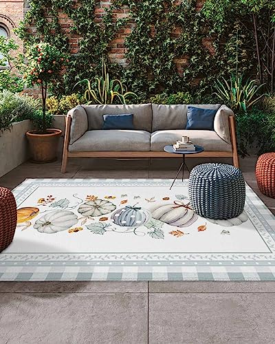 Thanksgiving Outdoor Area Rug 6'x9',Patio Balcony Porch Front Door Camping Camper Deck Runner Rug,Washable Carpet Indoor Living Room/Kitchen,Hallway Floor Mat Farmhouse Pumpkins Plaid Maple Leaves
