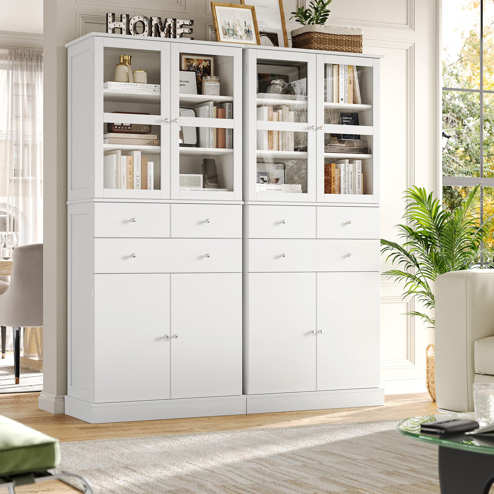 HOSTACK 71" Tall Kitchen Pantry Storage Cabinet, Freestanding Bar Cabinet with Glass Doors and Shelves, Hutch Cabinet with 2 Drawers, Cupboard for Living Room, Dining Room, White