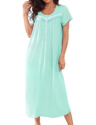 MZROCR Cotton Women Nightgowns Lightweight Soft Night Gowns for Adult Women Short Sleeves Sleepshirts Ladies Long Sleepwear Aqua Green
