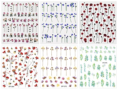 JMEOWIO 6 Sheets Spring Flower Nail Art Stickers Decals Self-Adhesive Pegatinas Uñas Summer Leaves Floral Nail Supplies Nail Art Design Decoration Accessories