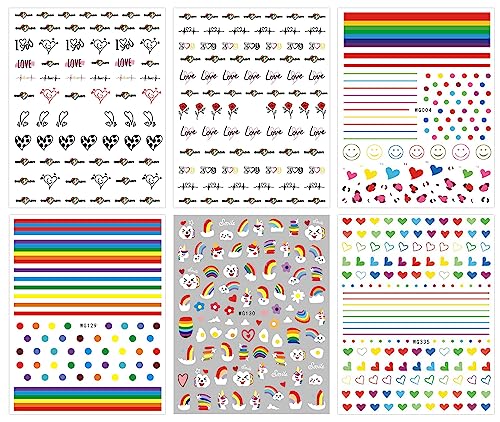 JMEOWIO 6 Sheets Rainbow Nail Art Stickers Decals Self-Adhesive Pegatinas Uñas Pride Day Nail Supplies Nail Art Design Decoration Accessories