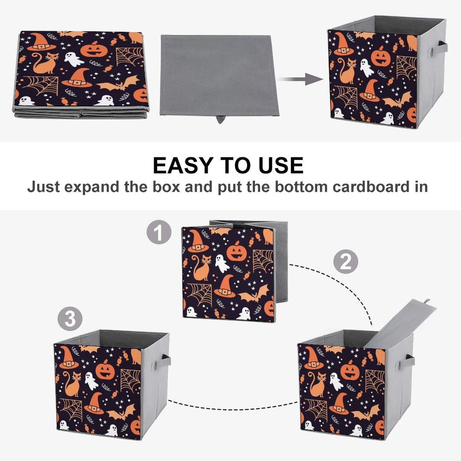 DamTma Halloween Pumpkin Ghost Spider Cube Storage Bin with Handles Foldable Cute Cat Ghost 11 Inch Storage Baskets Toys Organization for Home Room Closet Shelves Set of 2