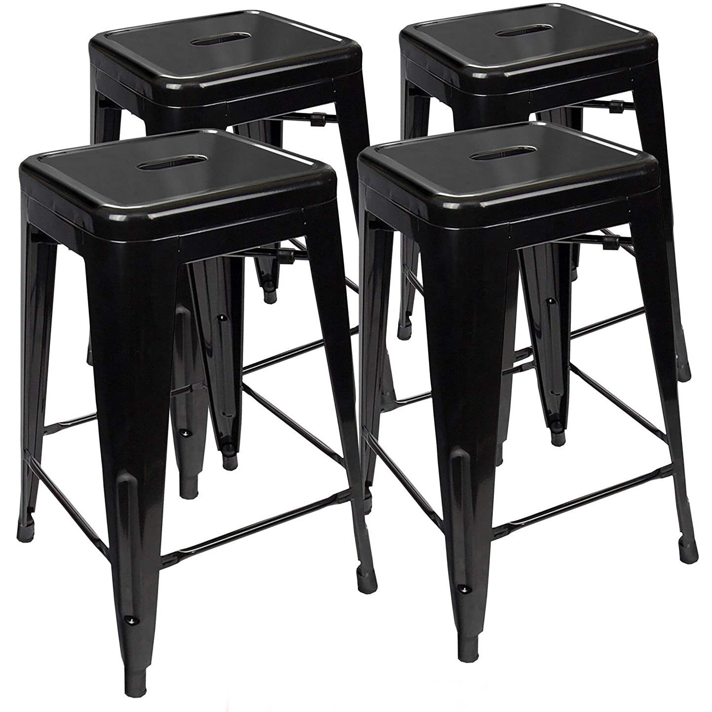 UrbanMod 24 Inches Metal Barstool Set of 4 – Counter Height Backless Bar Stool for Kitchen Island, Breakfast, Outdoors, Pub, Restaurant, Home, Patio – Stackable Heavy Duty Modern & Industrial (Black)