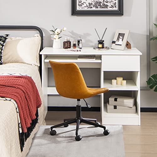 IFANNY White Computer Desk with Drawers, Modern Office Desk with Keyboard Tray and Open Storage Shelf, Work Desk for Home Office, Small Computer Desk for Small Spaces…
