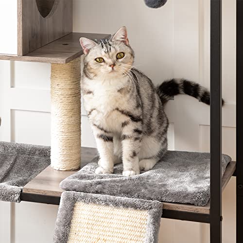 HOOBRO Wooden Cat Tree, Versatile Cat Tower with Scratching Post, Cat Hammock and Food Bowls, 4-Tier Pet House for Indoor Cats, Multi-Cat Families, Greige BG34MZ03