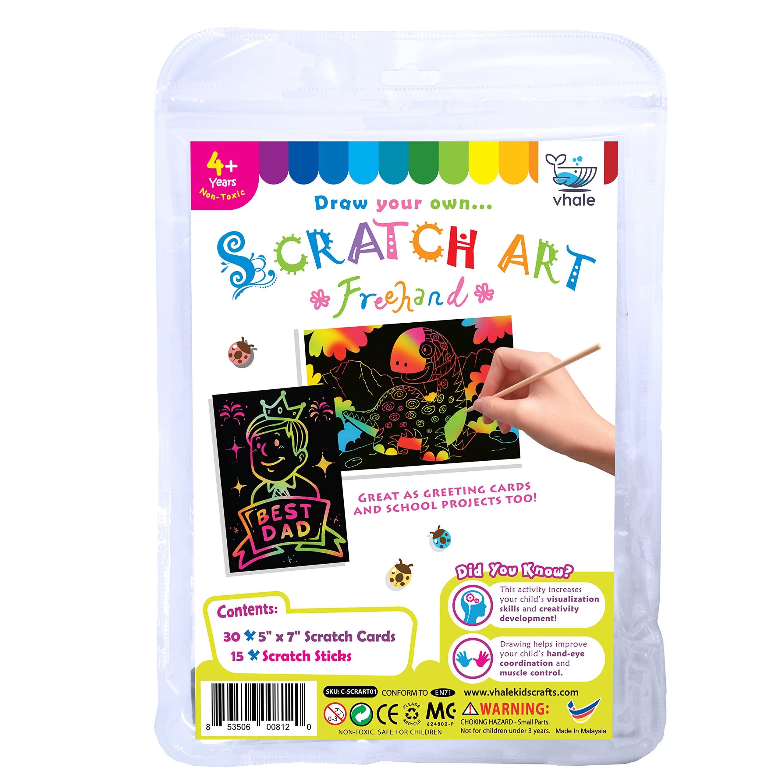 VHALE 30 Scratch Paper Art for Kids, Magic Scratch It Off Paper Craft, Rainbow Drawing Scratchboard Sketch Pad Notepad, Great Travel Toys, Party Favors, with Wooden Stylus