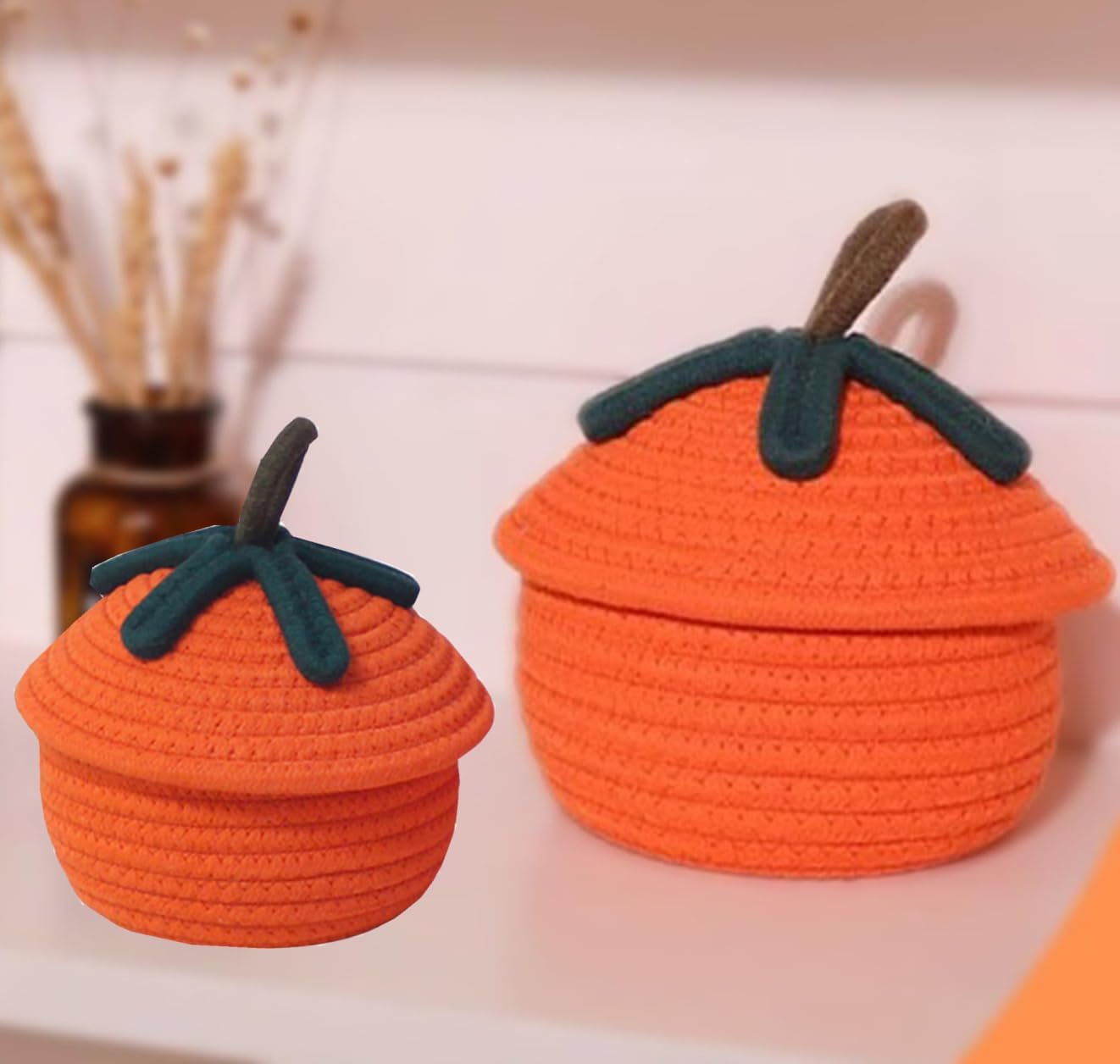 Halloween Pumpkin Basket with Lid,Candy Basket Decorative Cute Basket, Orange Woven Rope Basket Trick or Treat Bucket for Caddy Snacks Organizer (L)