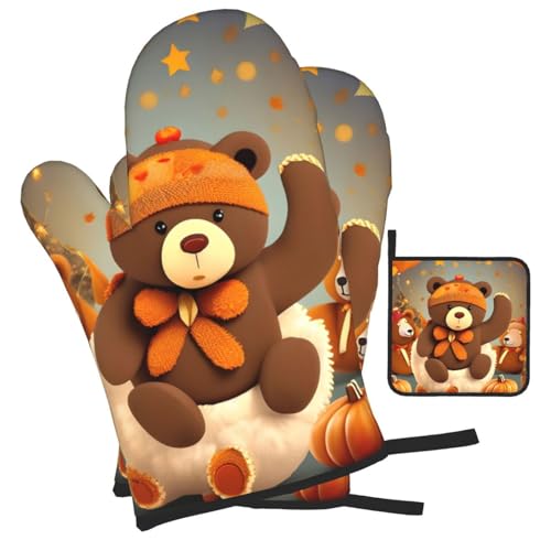 Dancing Thanksgiving Bear Oven Mitts and Pot Holders Set–Ultimate Heat Resistant Set for Kitchen and Dining