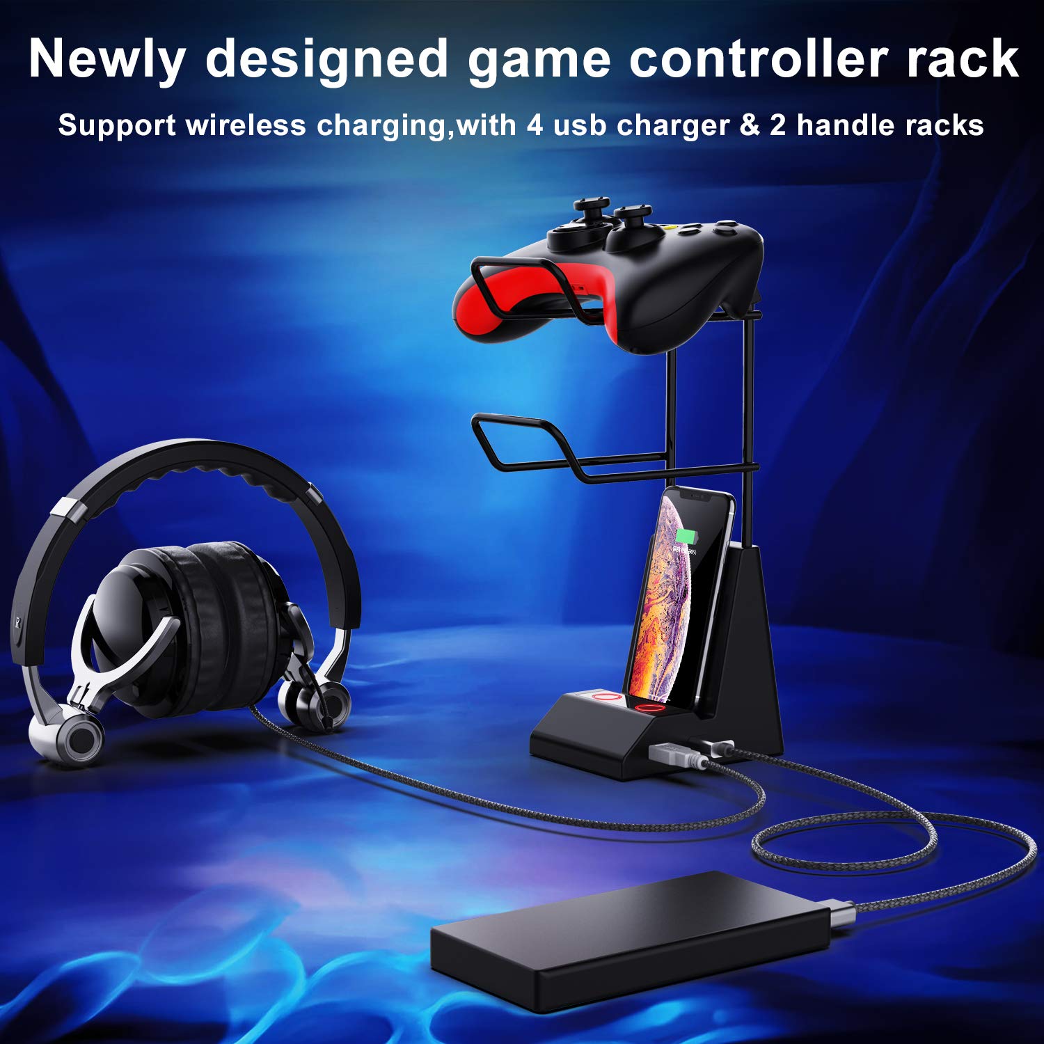 Dancing Wolf New Model Gaming Desk 47 inch with USB Gaming Handle Rack, RGB LED Light，Cup Holder & Headphone Hook (Red)