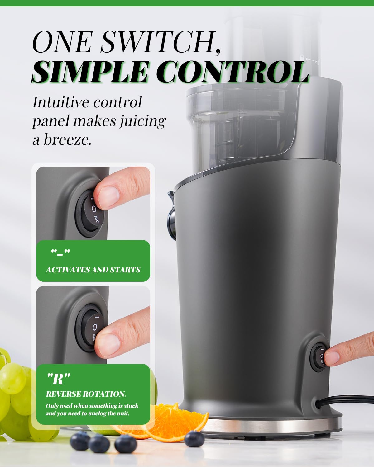 GDOR Cold Press Juicer Machines, Masticating Juicer Extractor with 3.5-Inch Feed Chute, Slow Juicer With High Yield, Easy to Clean,Grey