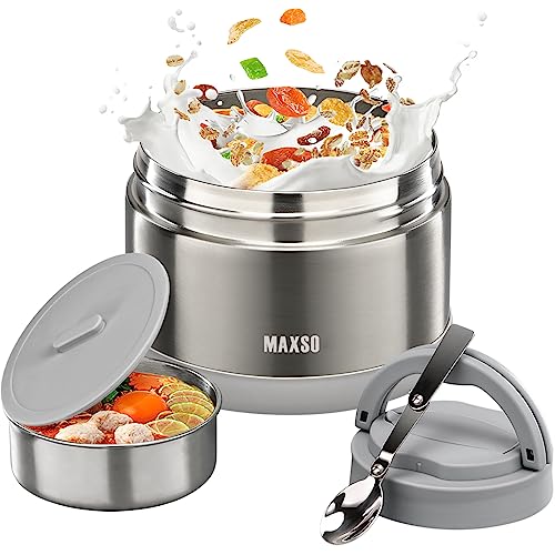 MAXSO Soup Thermos for Hot Food - 24 oz Vacuum Insulated Lunch Container with Foldable Spoon & Thermal Bag, Wide Mouth Bento Box for Adults (Silver)