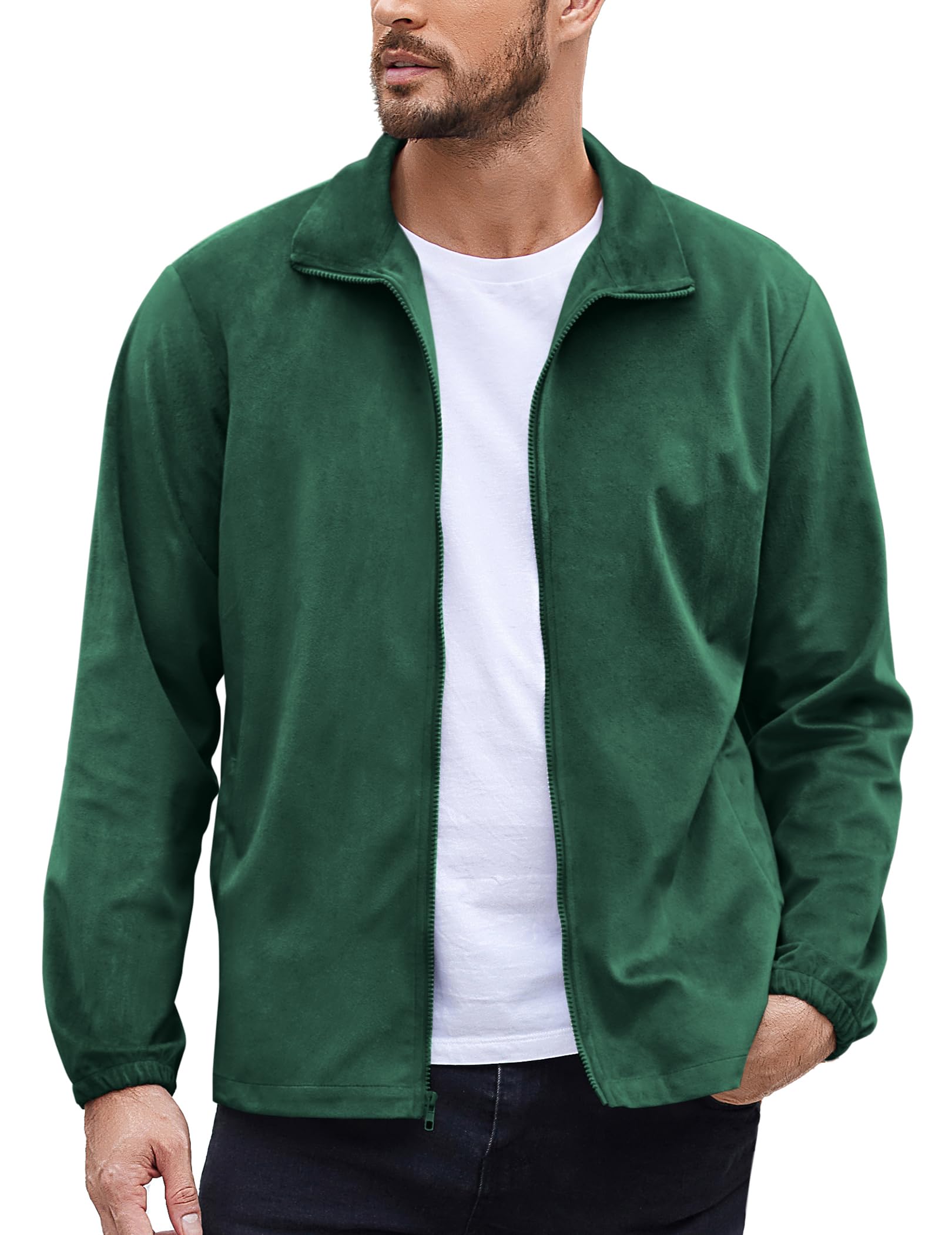 COOFANDY MicroFleece Jackets Mens Full Zip Mock Neck Sweatshirt Lightweight Jackets Casual Green, Large