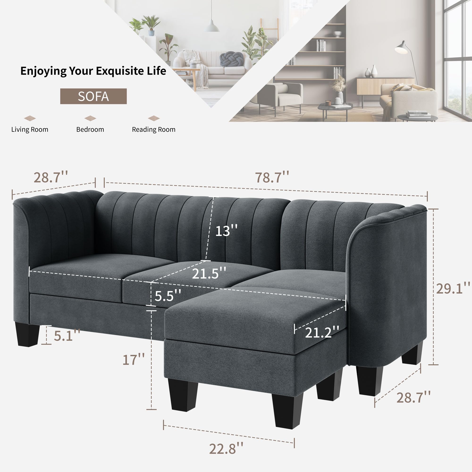 JAMFLY Sectional Sofa Couch for Living Room, Small 3-Seat L Shaped Couch with Linen Fabric, Convertible Sofa with Chaise Clearance Set for Small Space, Dark Grey