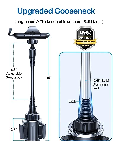 Danmus® Upgraded Car Cup Holder Phone Mount with Extendable Base, [15-in Adjustable Long Gooseneck] [Military-Grade] Car Truck Mount Compatible with iPhone 15 14 13 12 Pro Max Samsung S23 All