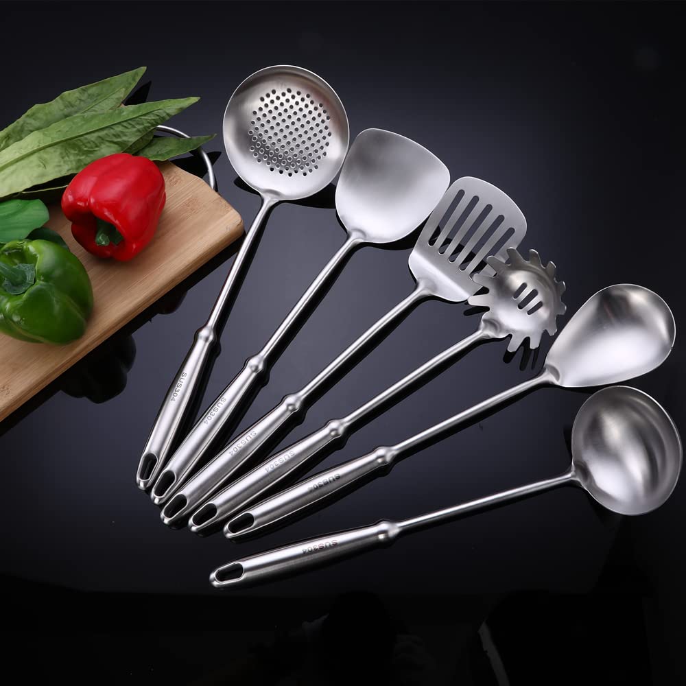 Cooking Utensils Set,7 PC 304 Stainless Steel Kitchen Utensils Set with Rotating Holder,Kitchen Tools Set,Wok Spatula,Soup Ladle,Slotted Spoon,Slotted Spatula,Server Spoon,Pasta Server