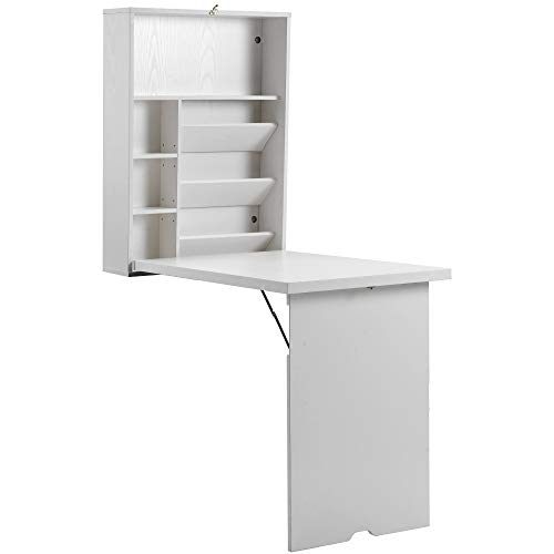 Danxee Fold Out Convertible Wall Mounted Table Home Office Fold Out Desk with Storage Fold-Out Convertible Desk (White)