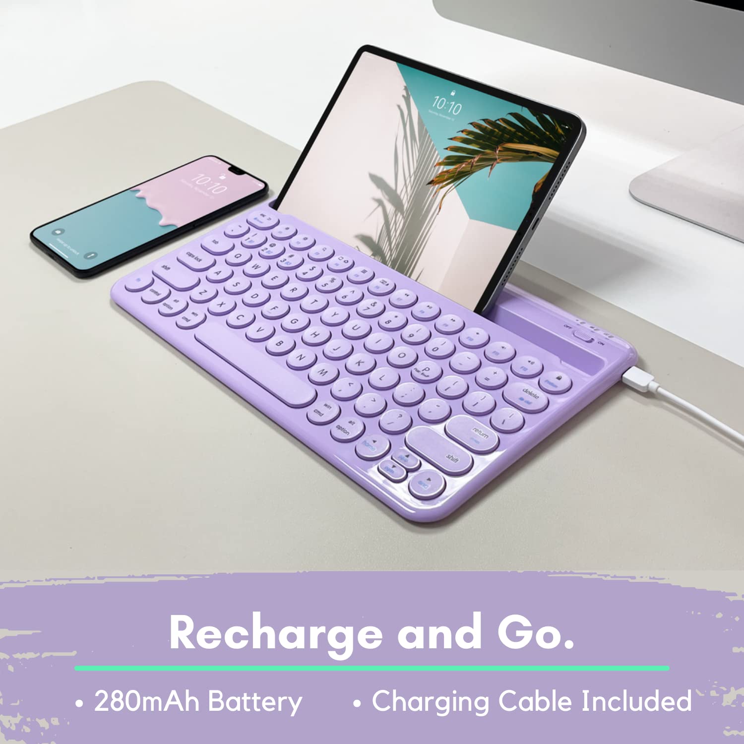 Macally Small Wireless Bluetooth Keyboard for iPad Mini/Air/Pro, iPhone, Tablet, and Phone - 78 Key iPad Keyboard with Built-in Stand - Universal Compatible Multi Device - Purple
