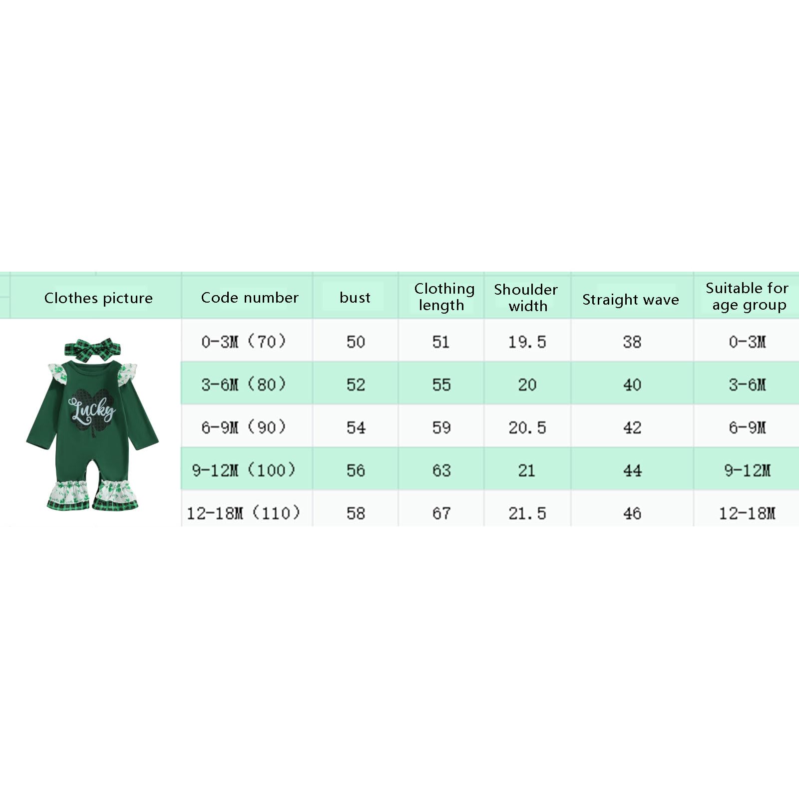 Newborn Baby Girl St. Patrick's Day Outfit Long Sleeve Four Leaf Clover Romper Ruffle Bodysuit Jumpsuit Headband Set (Green, 0-3 Months)