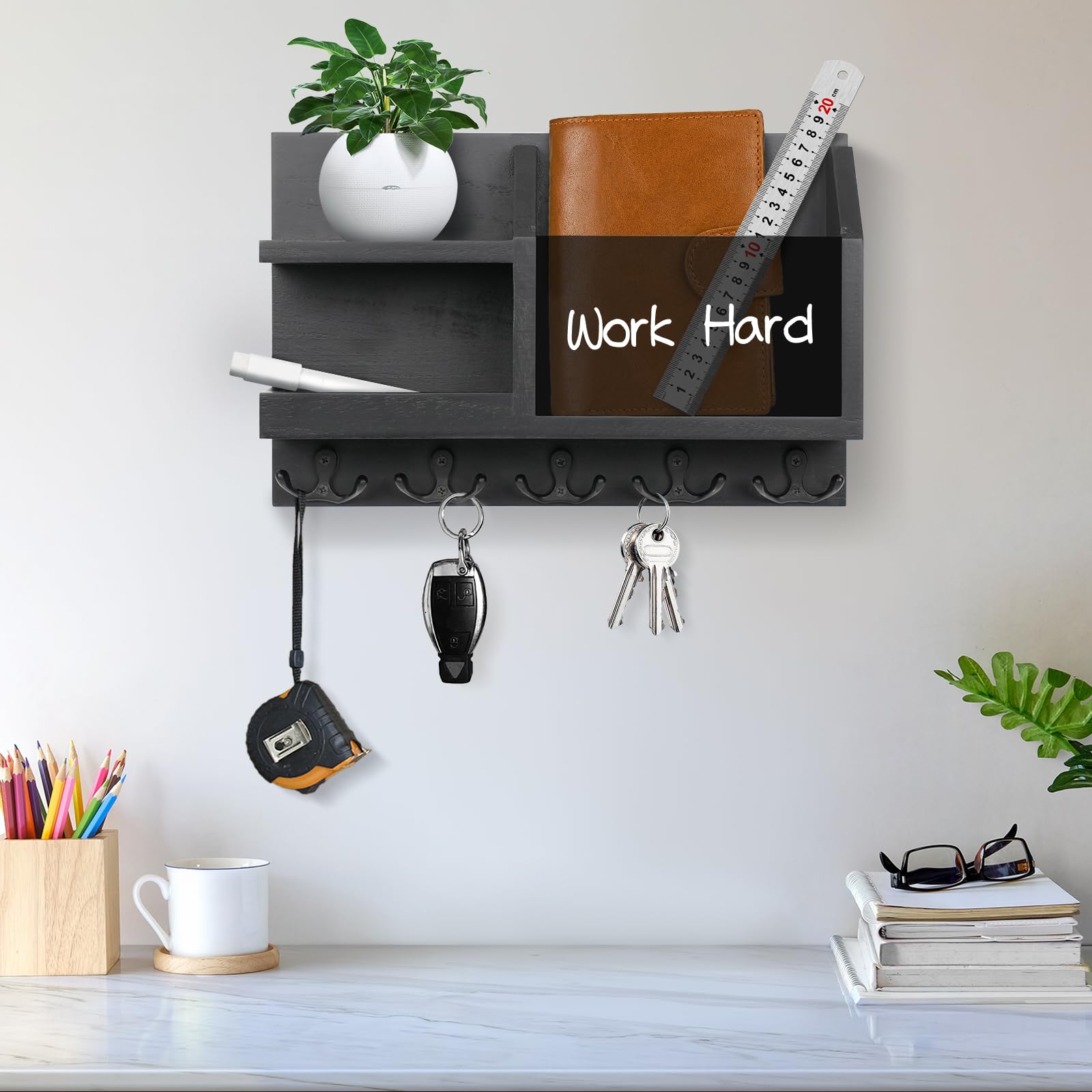 Hausanlee Key Holder Wall Mount,Farmhouse Key and Mail Holder for Wall with 5 Double Hooks and Acrylic Chalkboard,Wooden Hanging Key Rack for Kitchen and Entryway Décor Letter Dog Leash