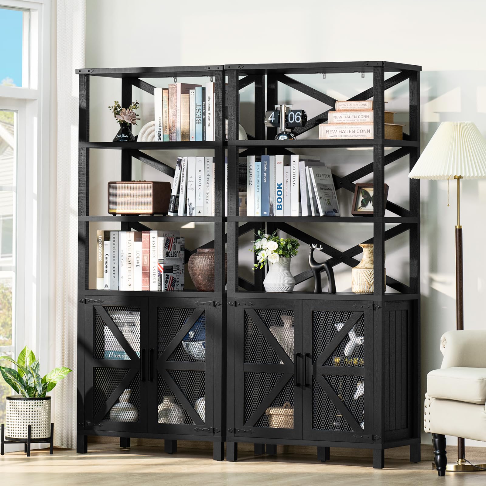 Joaxswe 5 Tier Bookshelf 70" Tall Bookcase with Barn Doors,Large Farmhouse Display Book Shelf with Adjustable Shelves and Storage Cabinet,Library Wood Bookshelves for Living Room,Kitchen,Black