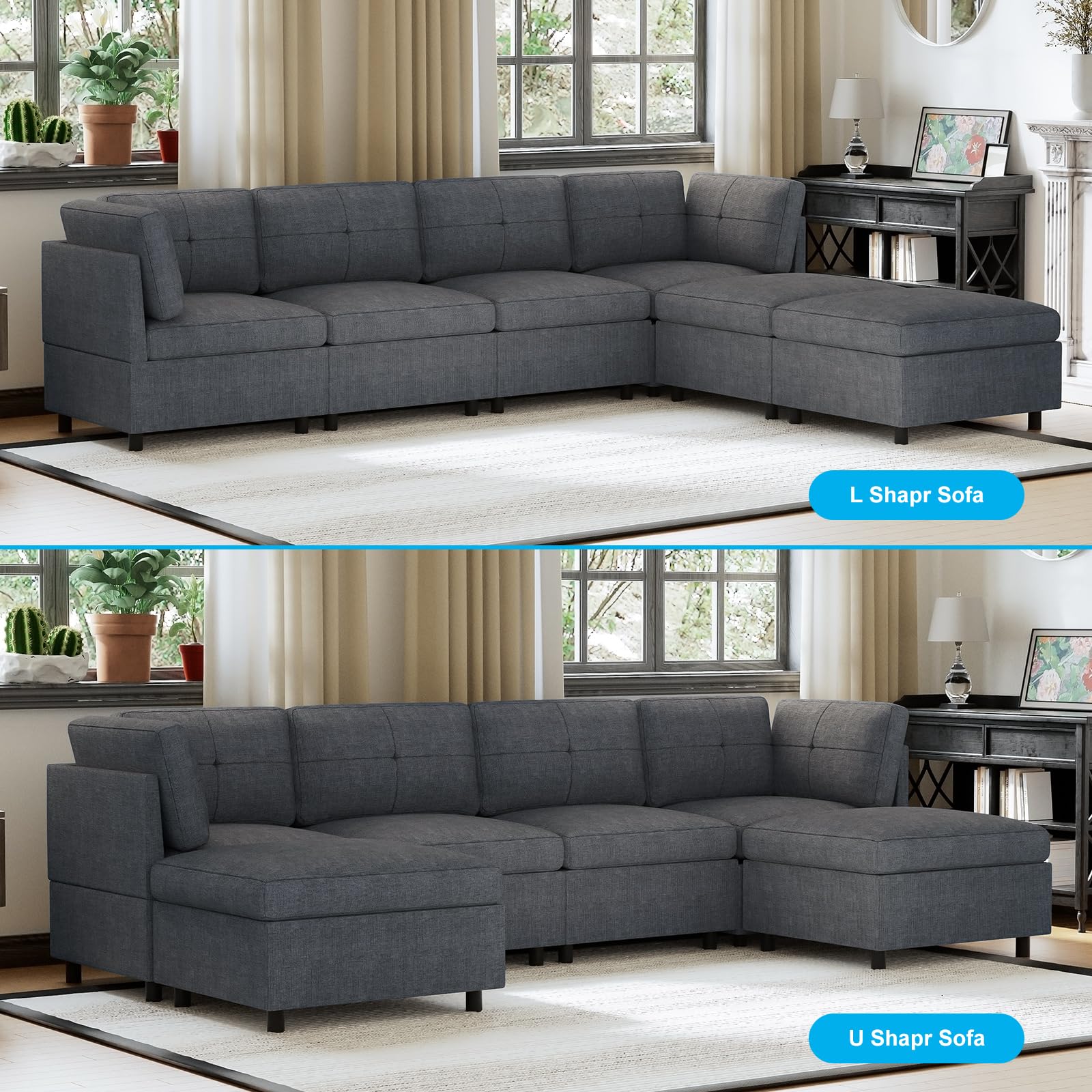Mjkone Convertible Sofa Couch, Modern U Shaped Sofa with Tufted Back Cushion, 6 Seat Oversized Sectionals Sofa Couch with Ottomans for Living Room/Apartment/Office (Beige)